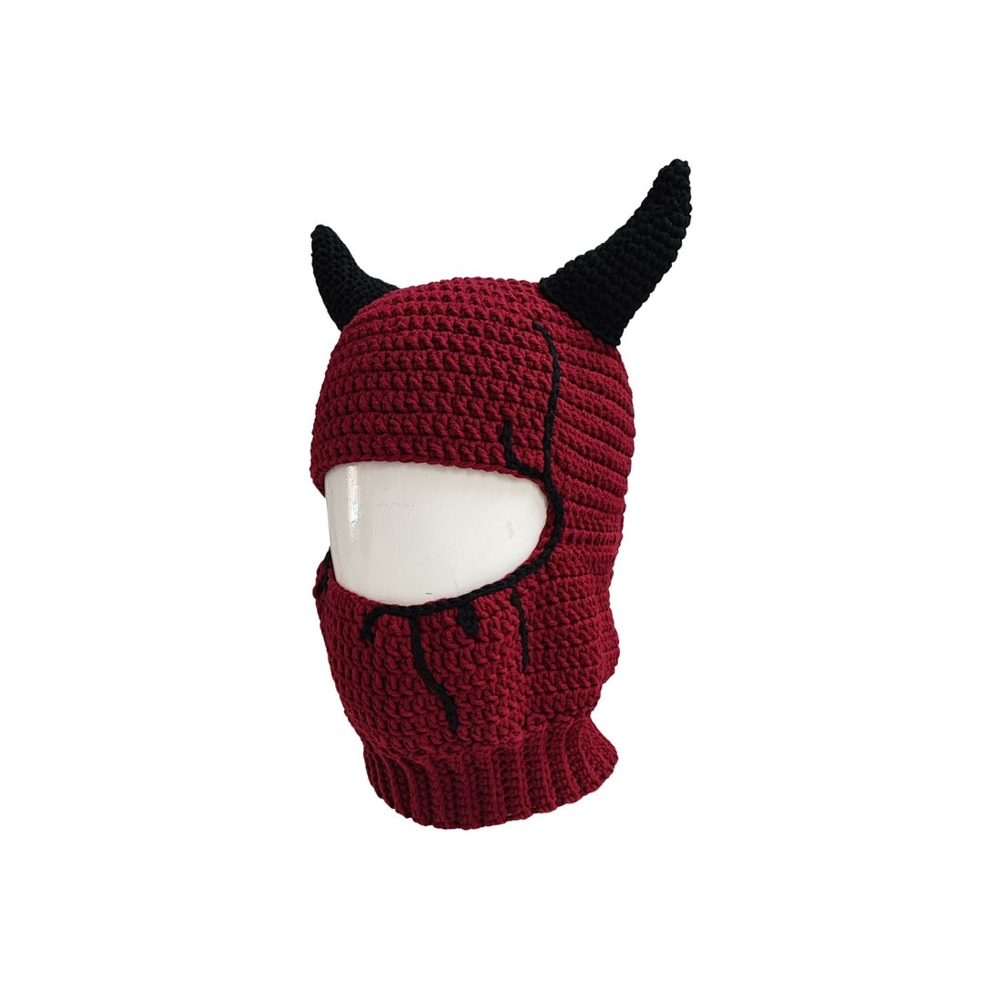Devil Horn Hat, Devil Horn Balaclava Face Mask Crochet, Halloween Devil ...