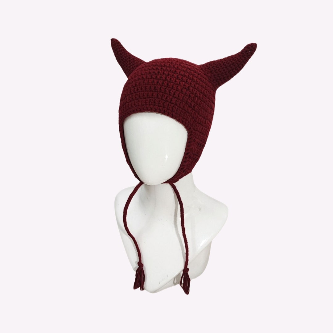 Dark Red Devil Horn Hat, Beanie With Horn Crochet, Custom Colors, Horn ...