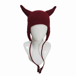 Dark Red Devil Horn Hat Beanie With Horn Crochet Custom - Etsy