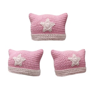 Pink Star Cat Beanie, Cute Cat Ear Beanie Crocher, Crochet Cat Hat ...