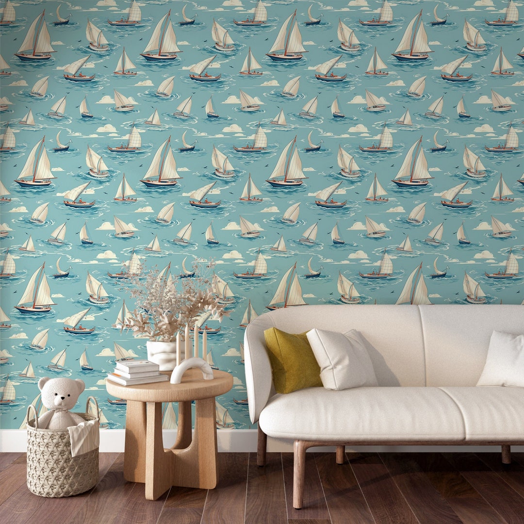 Blue Boat Wallpaper Nautical Wallpaper for Kids Coastal Nursery ...