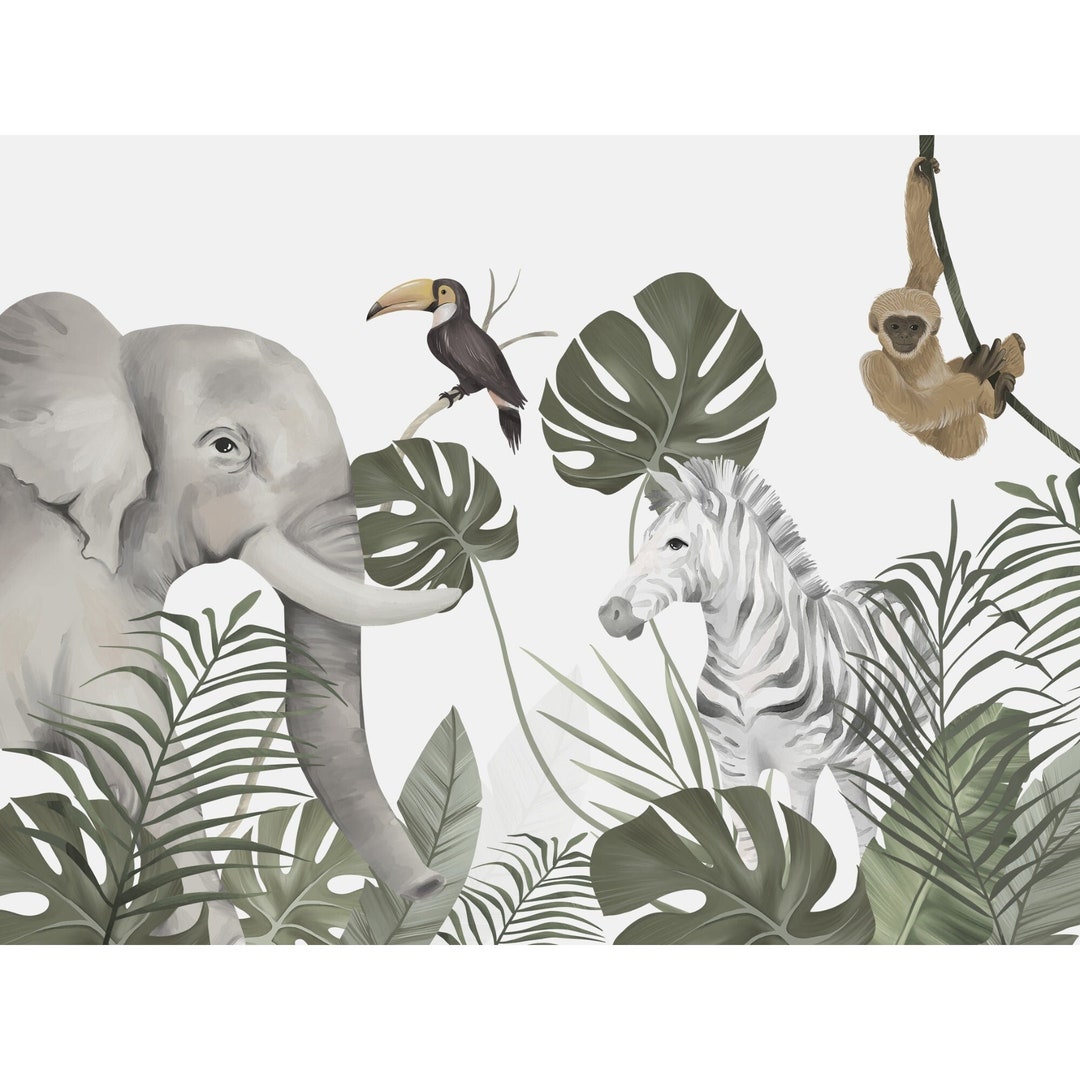 Safari Kids Mural Jungle Animals Nursery Elephant Wallpaper Monkey Peel ...