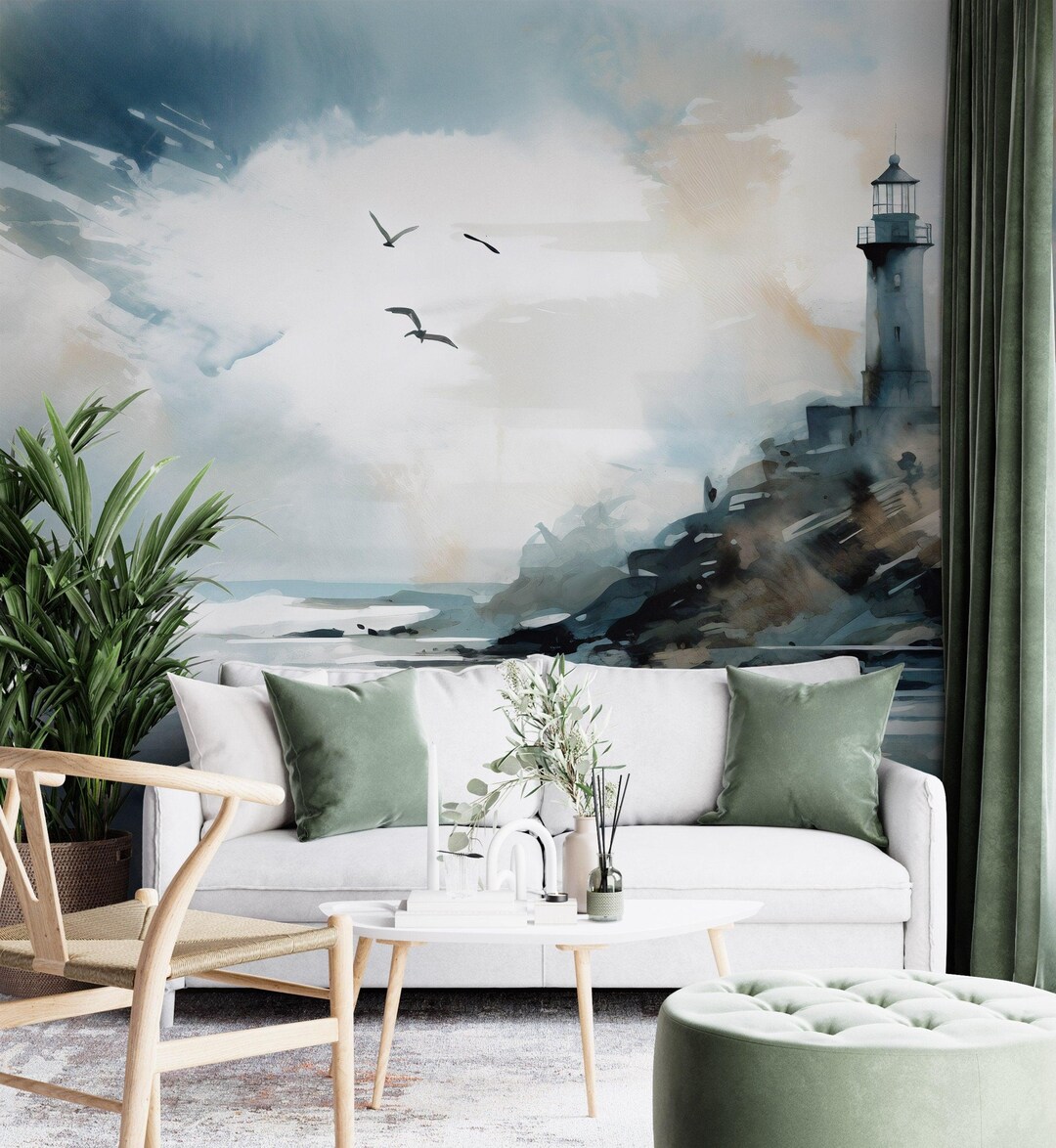 Watercolor Nautical Lighthouse Mural - Etsy