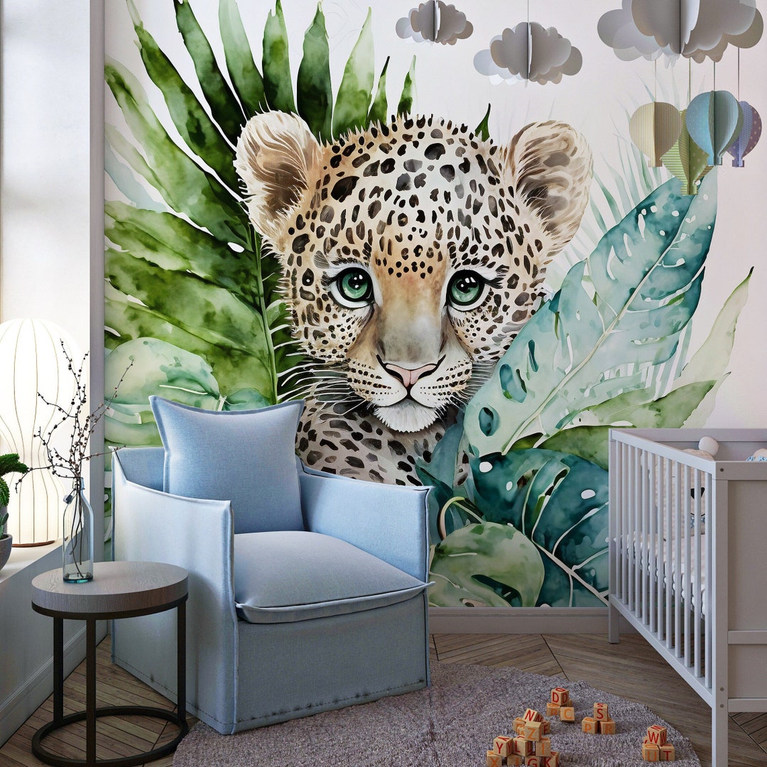 Watercolor Leopard Mural Kids Jungle Nursery Peel and Stick Wallpaper ...