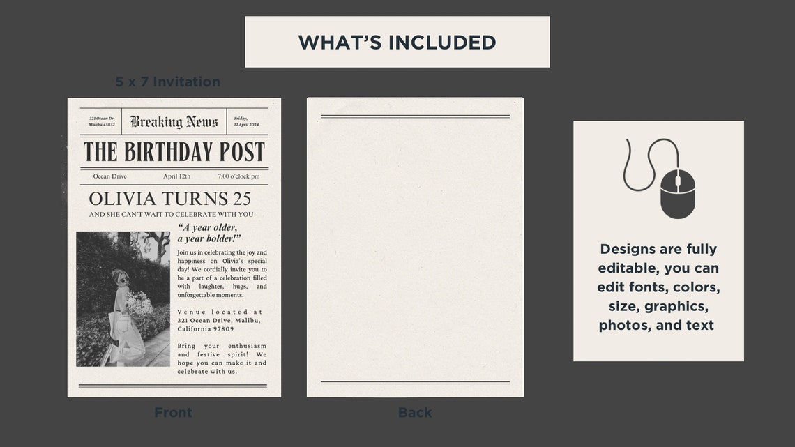 Birthday Post Invitation, Newspaper Invite Template, Editable Birthday ...