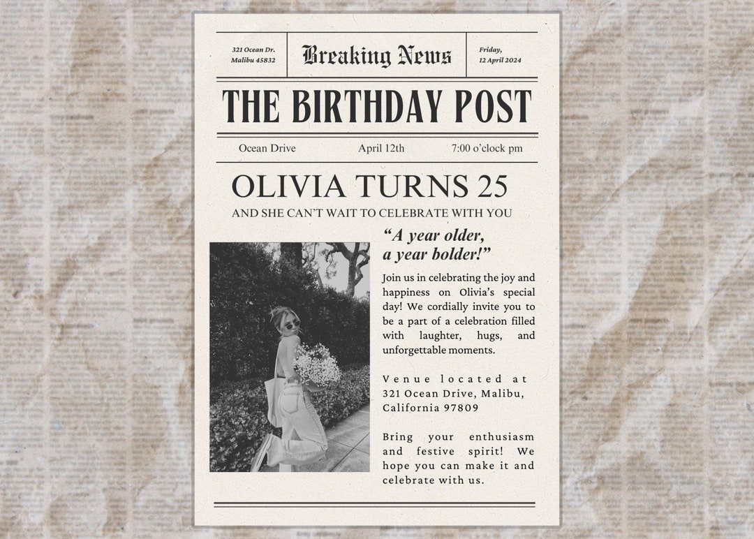 Birthday Post Invitation, Newspaper Invite Template, Editable Birthday ...
