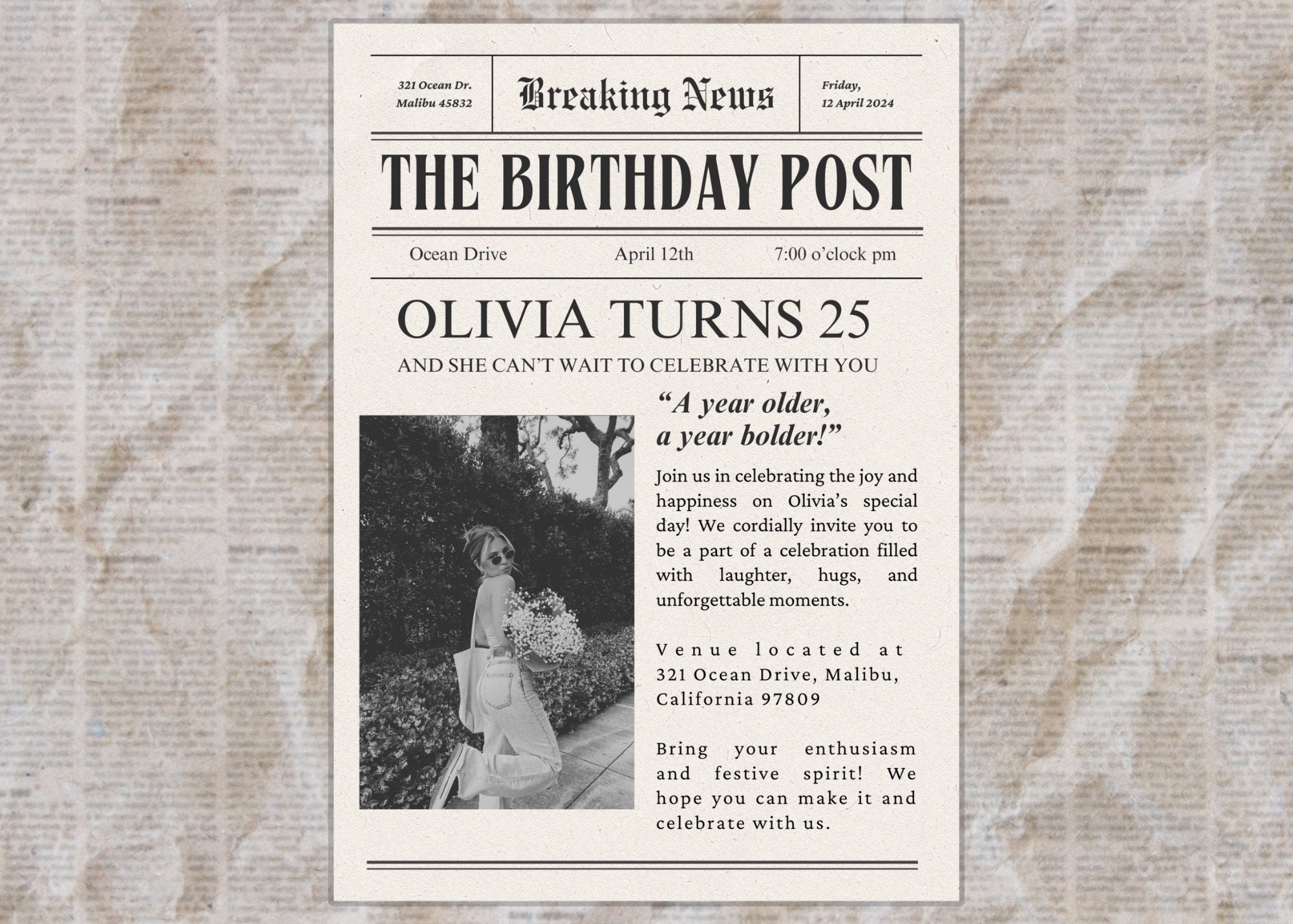 Birthday Post Invitation, Newspaper Invite Template, Editable Birthday ...
