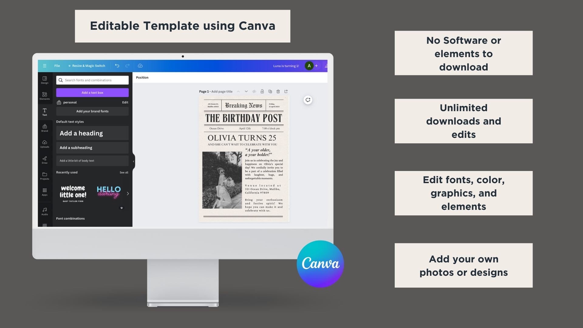 Birthday Post Invitation, Newspaper Invite Template, Editable Birthday ...