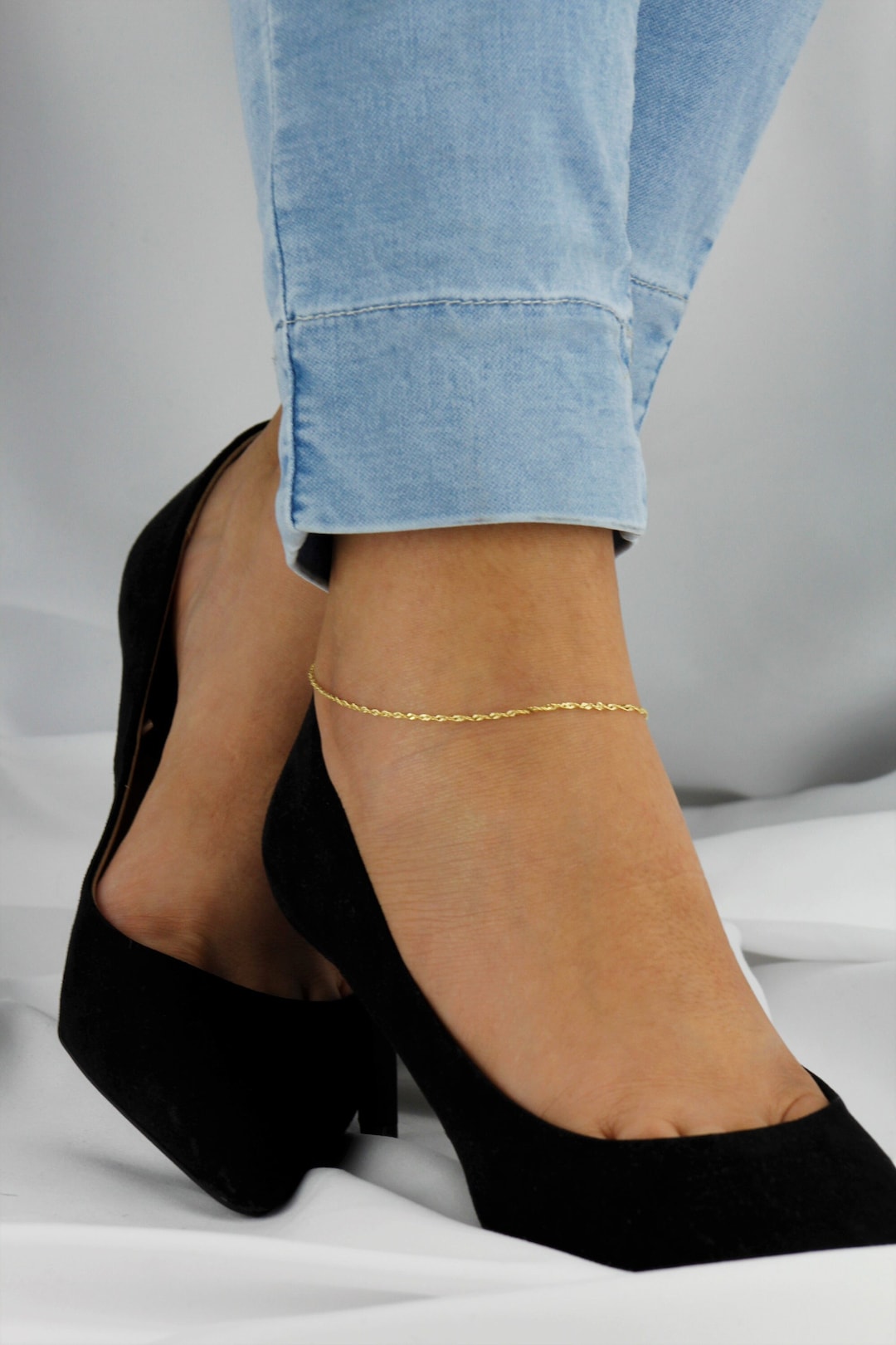 10k Solid Gold Twisted Chain Anklet, Dainty Gold Anklet, Simple Gold ...
