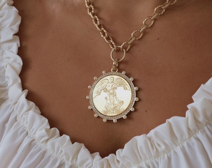 Oversized Antique Gold Angel Coin Pendant Necklace | Unique Statement ...