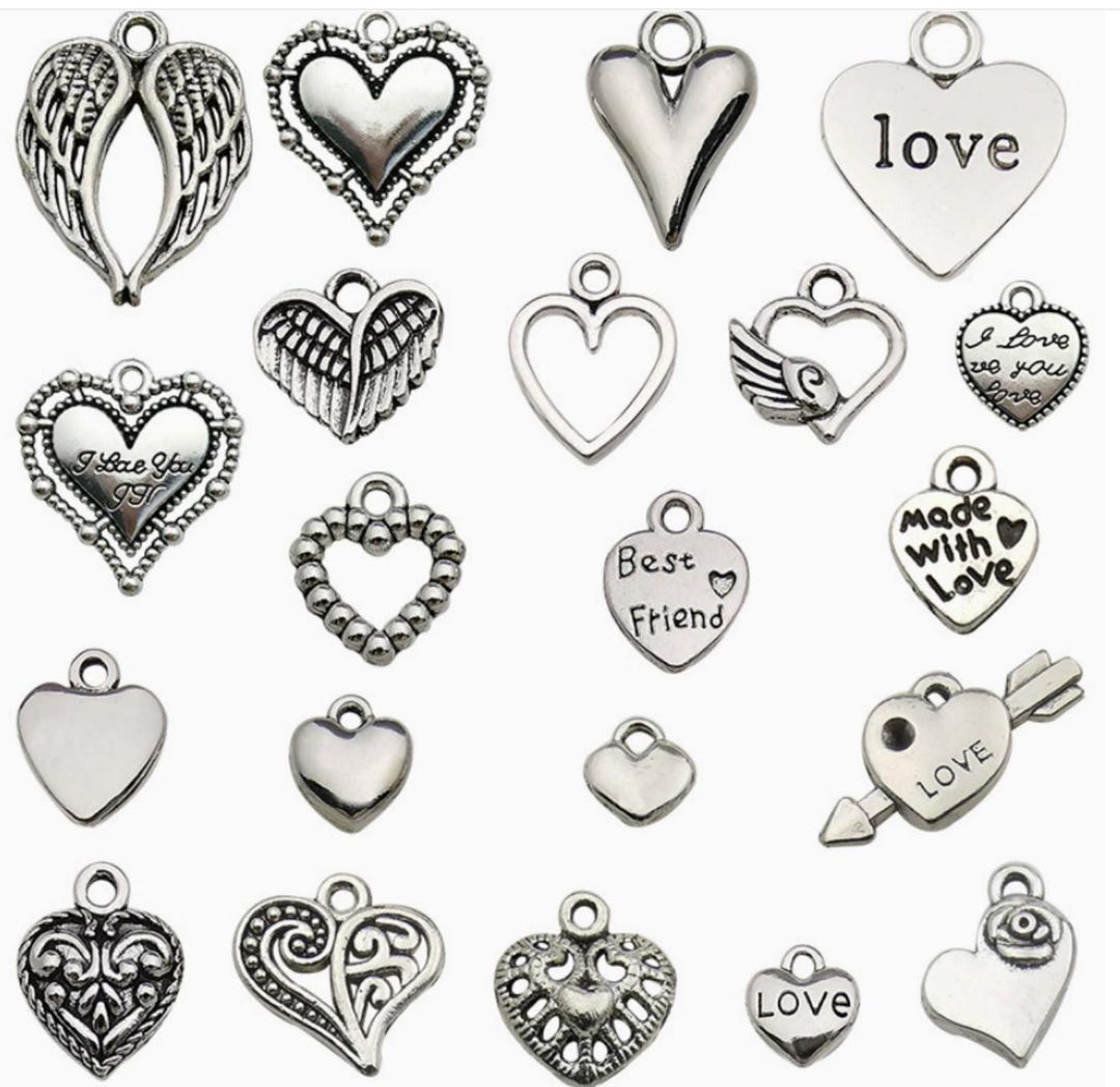 Set of 40pcs Bulk Lot Zinc Alloy Metal Silver Heart Shape Charm Pendant ...