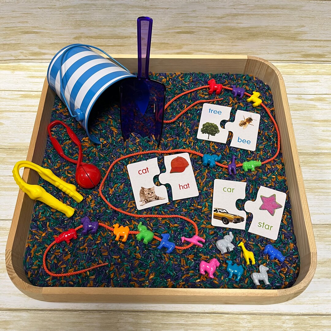 Rhyming Puzzle Match & Bead Lacing Sensory Bin - Etsy
