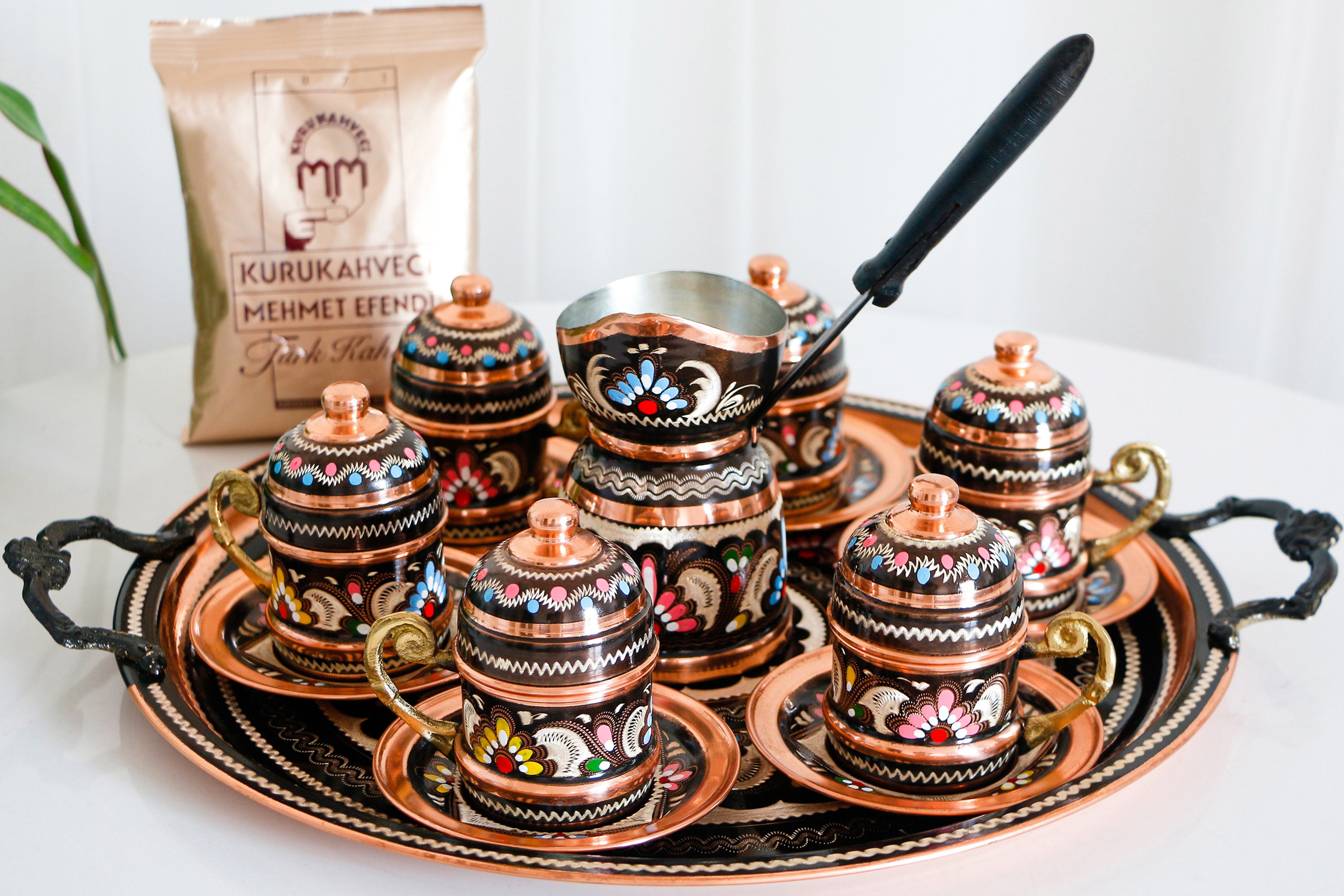 Traditional Turkish Coffee Cups with Wooden Handle Copper Coffee Pot ...