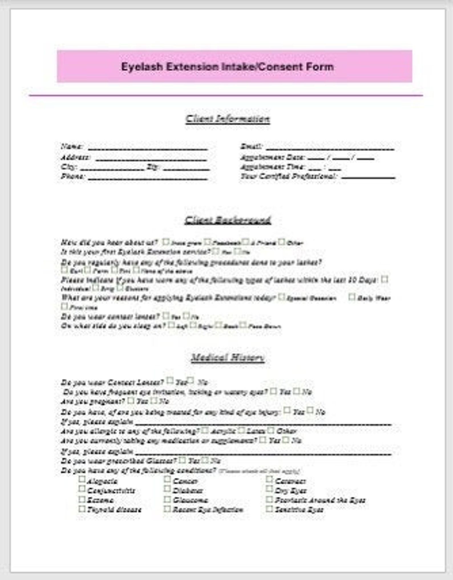 Eyelash Extensions: Client Intake Form editable | Etsy Eyelash Extensions: Client Intake Form editable | Etsy