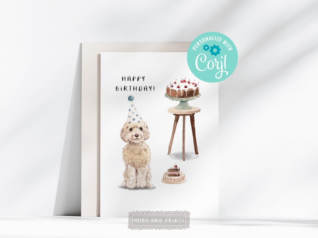 Printable Champagne Cockapoo Dog Birthday Cake Card Editable on Corjl ...