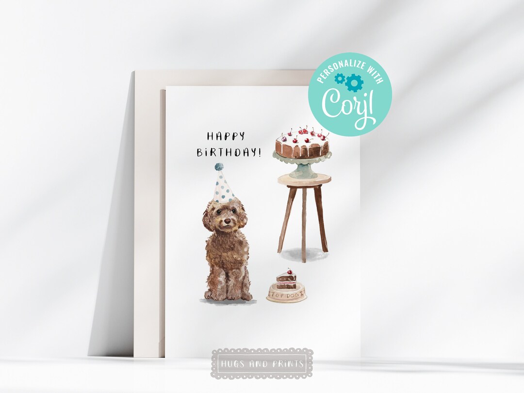 Printable Brown Cockapoo Dog Birthday Cake Card Editable on Corjl Happy ...