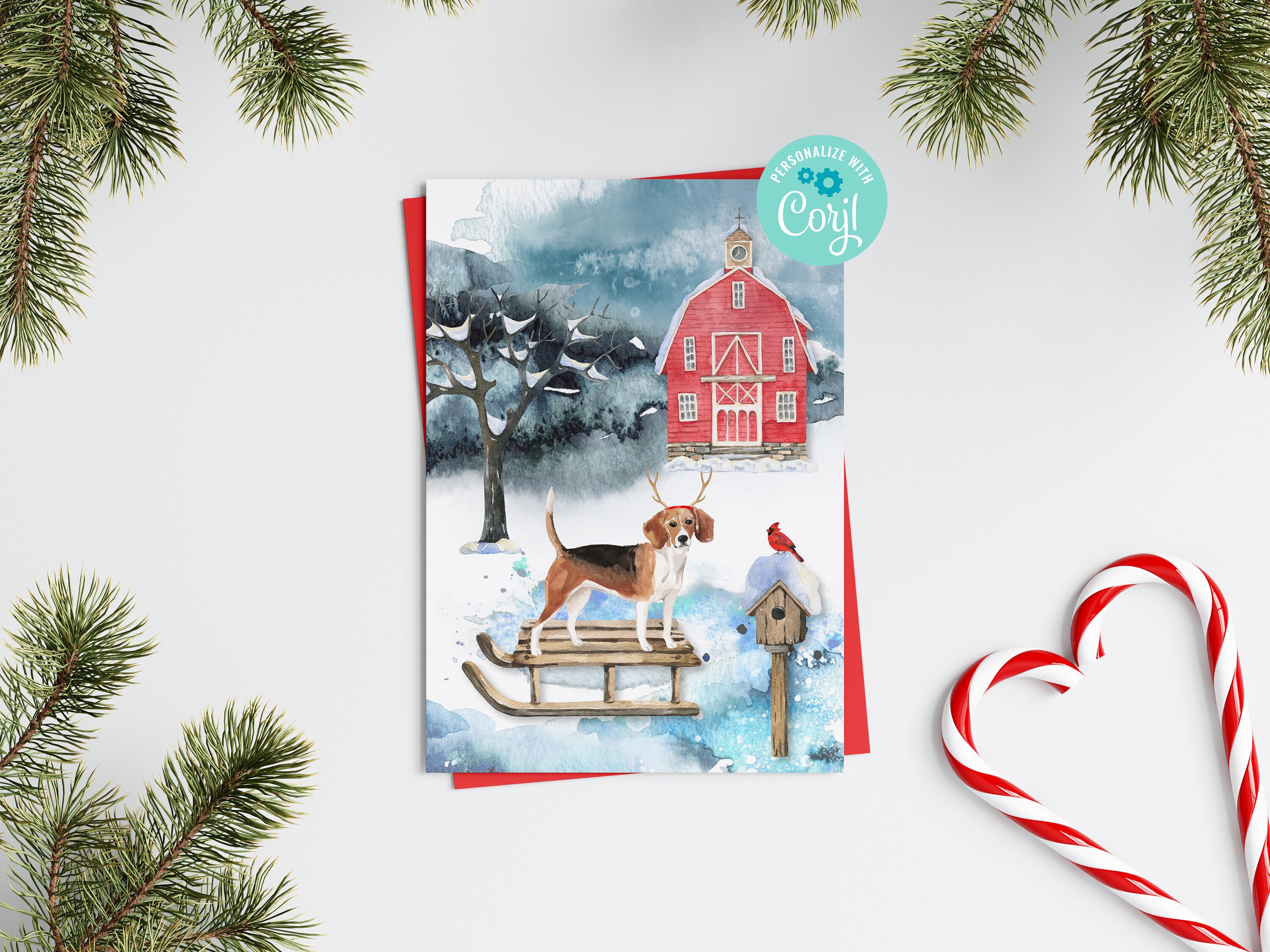 Printable Sledging Dog Christmas Card Festive Snow Scene Watercolour ...