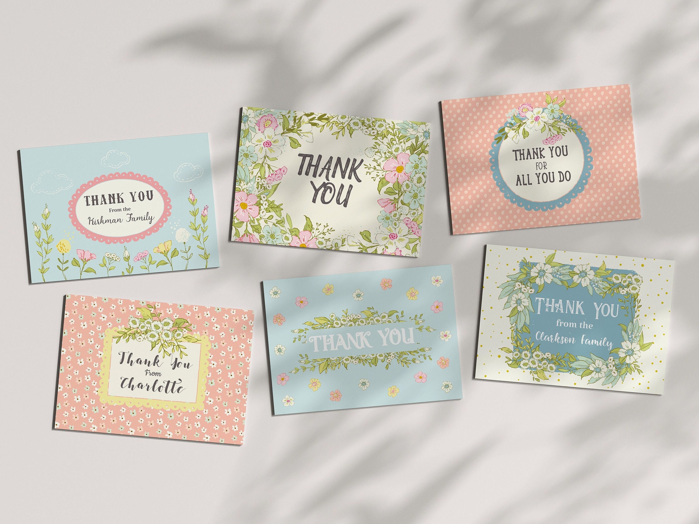 6 tarjetas de agradecimiento imprimibles y editables. Editables en Corjl. Notas de ...