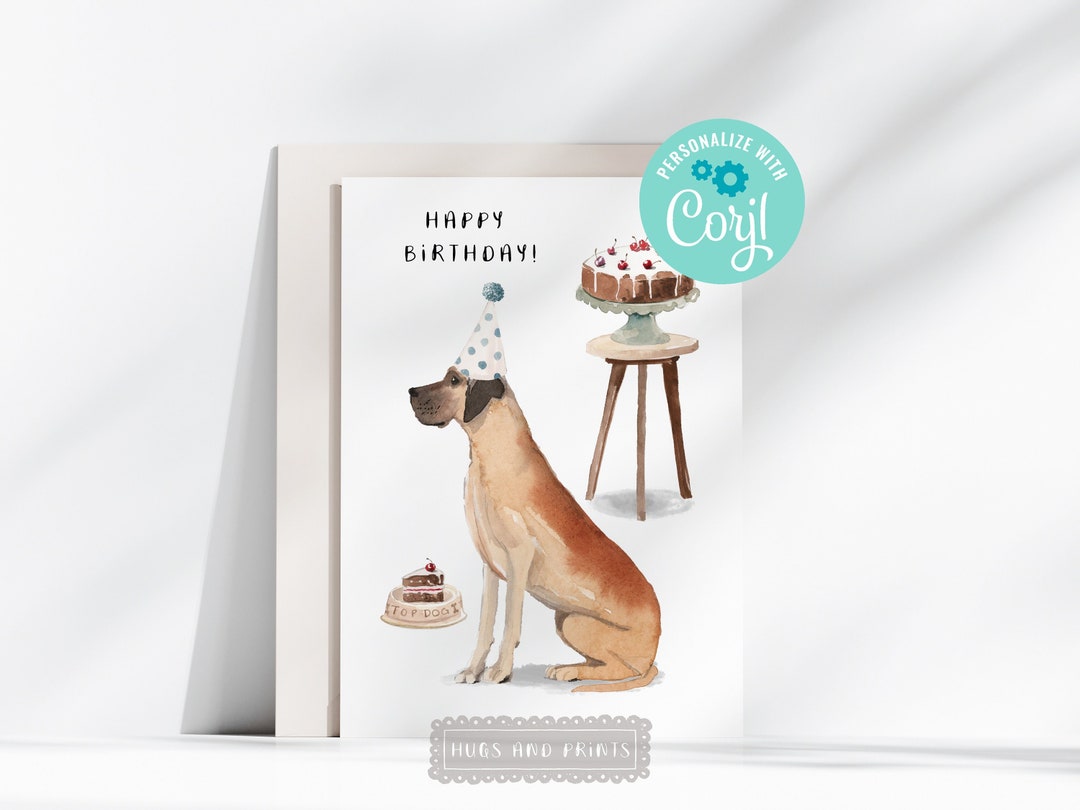 Printable Great Dane Dog Birthday Cake Card Editable on Corjl Happy ...