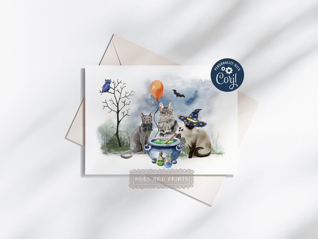 Printable Cats and Cauldron Halloween Card Editable on Corjl Halloween ...