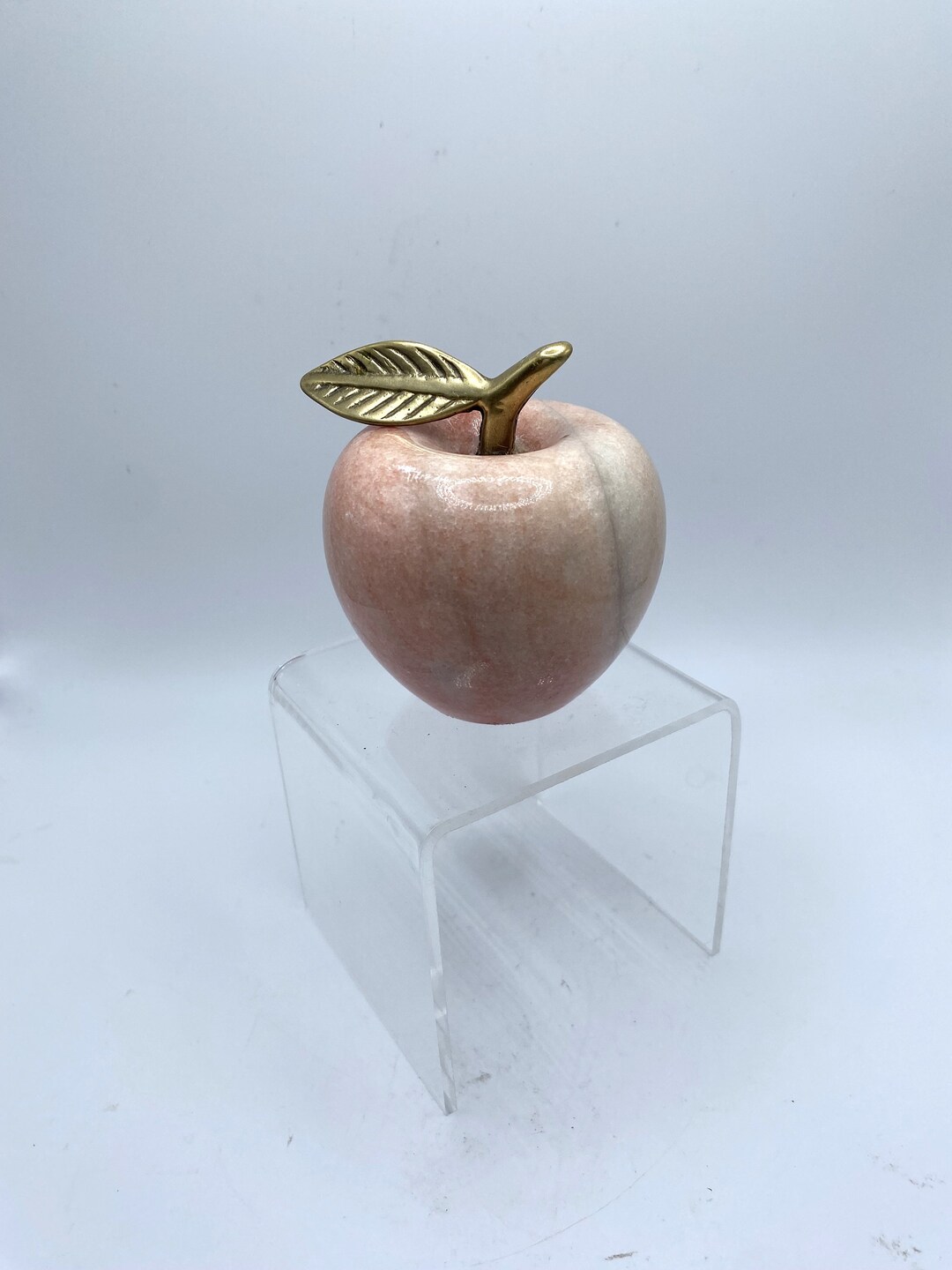 Vintage Stone / Marble / Alabaster Apple With Brass Stem and Leaf Pink ...