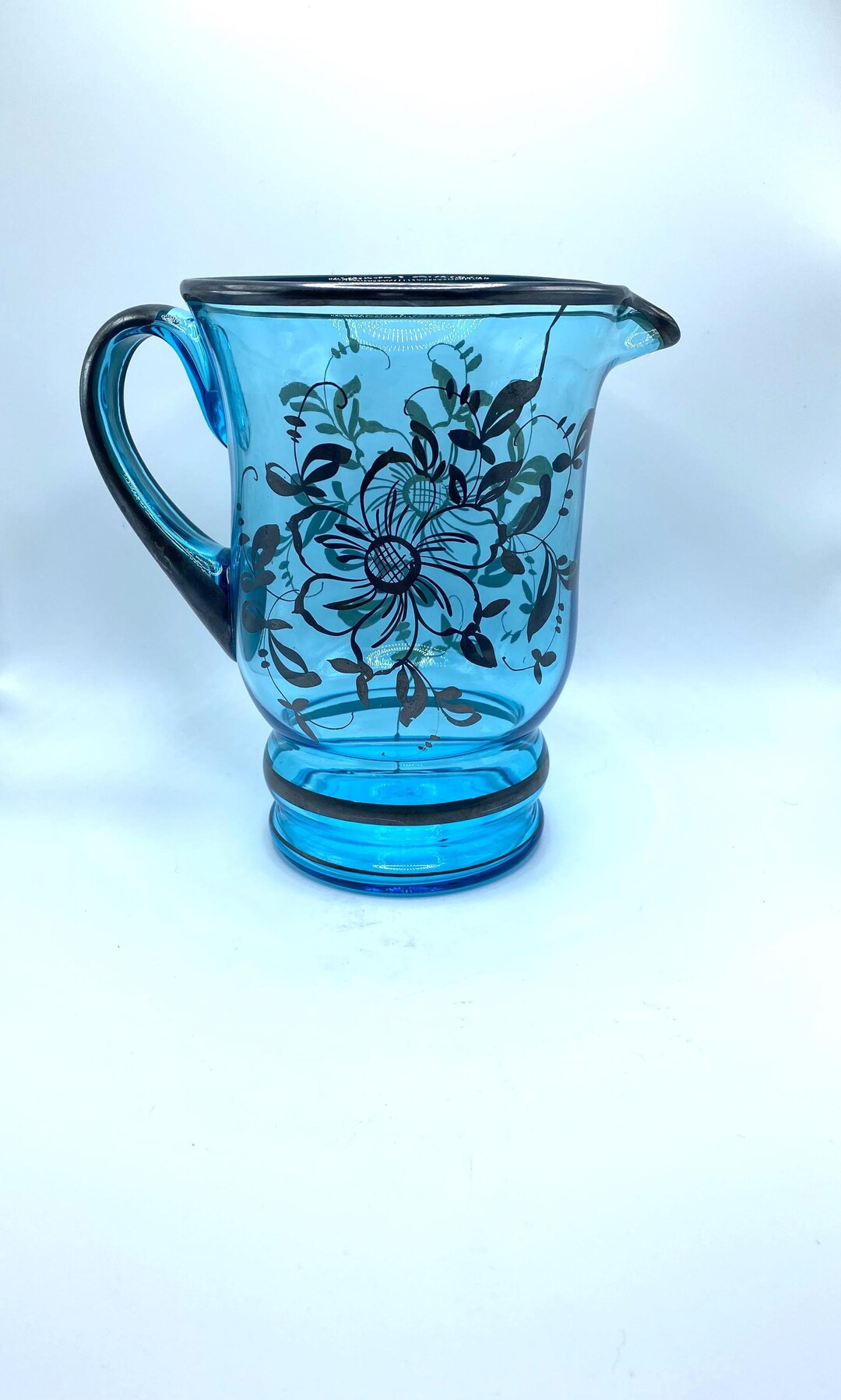 Vintage Ice / Light Blue Pitcher With Floral Silver Overlay Design ...