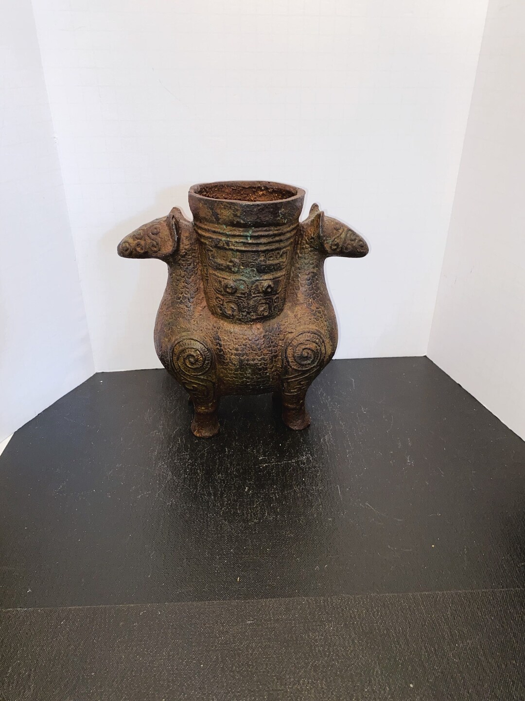 Vintage Chinese Double Ram Head Zun Cast Iron Ritual Vessel / - Etsy