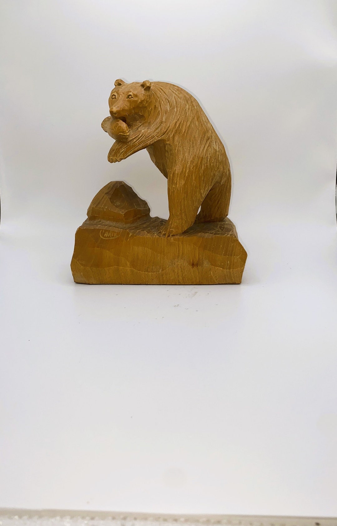Hand Carved Signed Caron Wood Bear With Fish Canadian Rustic Folk Art ...