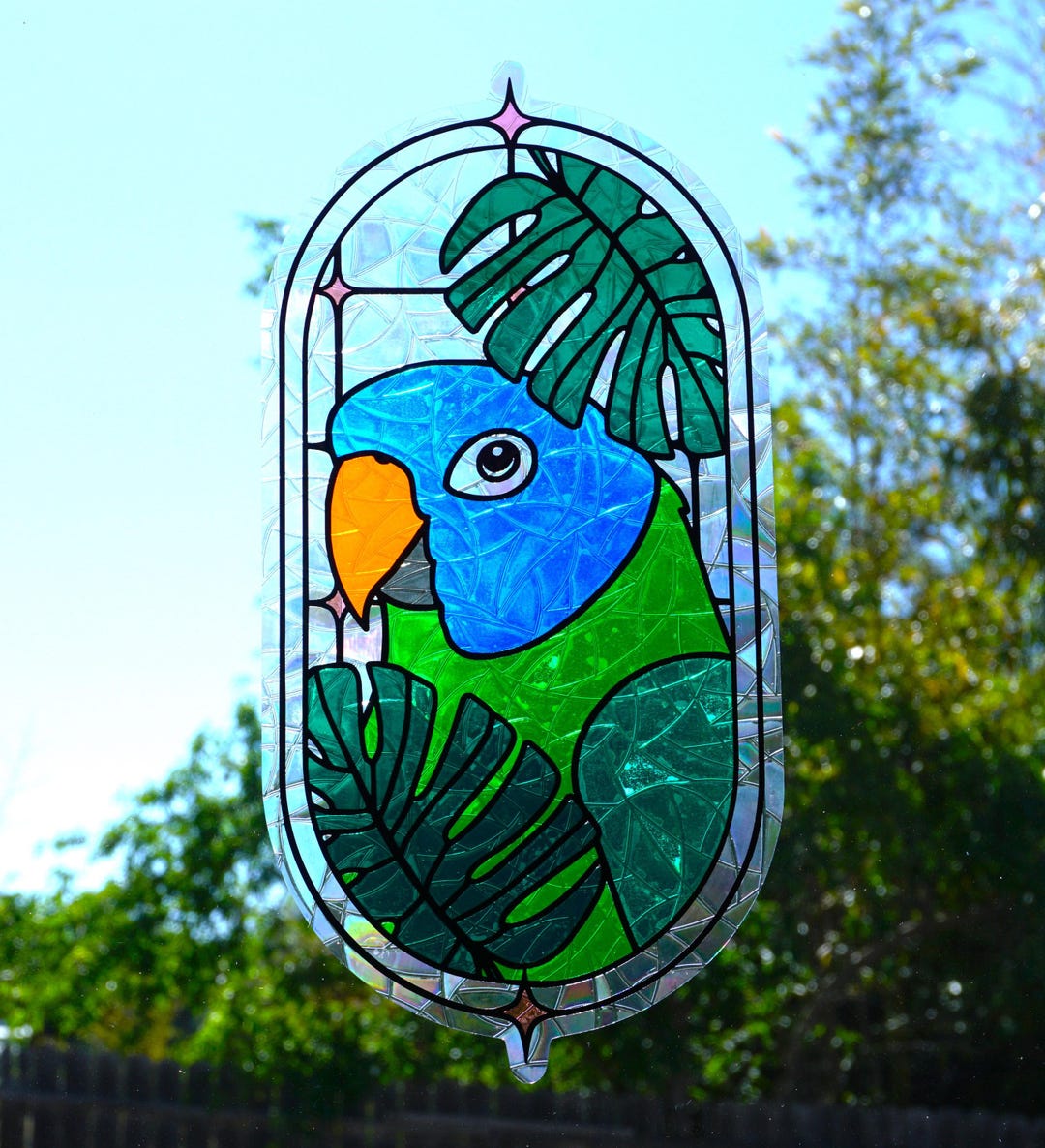 Blue Crown Conure Faux Stained Glass | Suncatcher Sticker | Vibrant ...