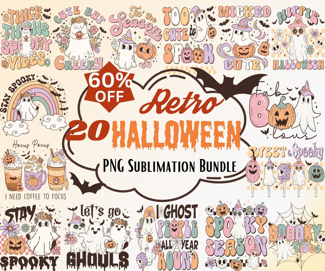 Retro Halloween PNG Clipart Bundle: Witch, Pumpkin, Ghost (digital ...