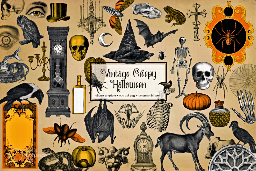 Vintage Creepy Graphic Elements Set - 44 Spooky Designs for Halloween ...