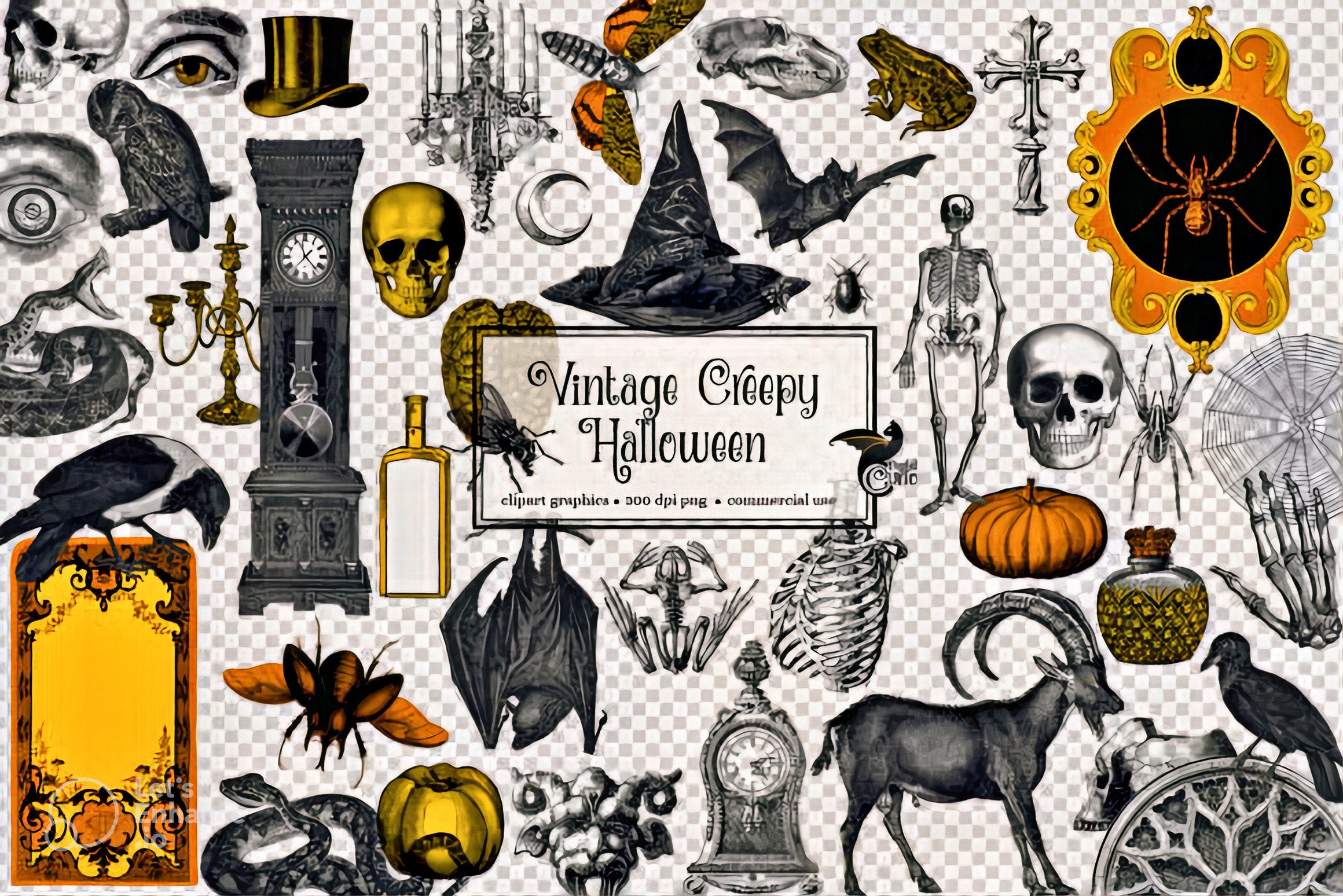 Vintage Creepy Graphic Elements Set - 44 Spooky Designs for Halloween ...