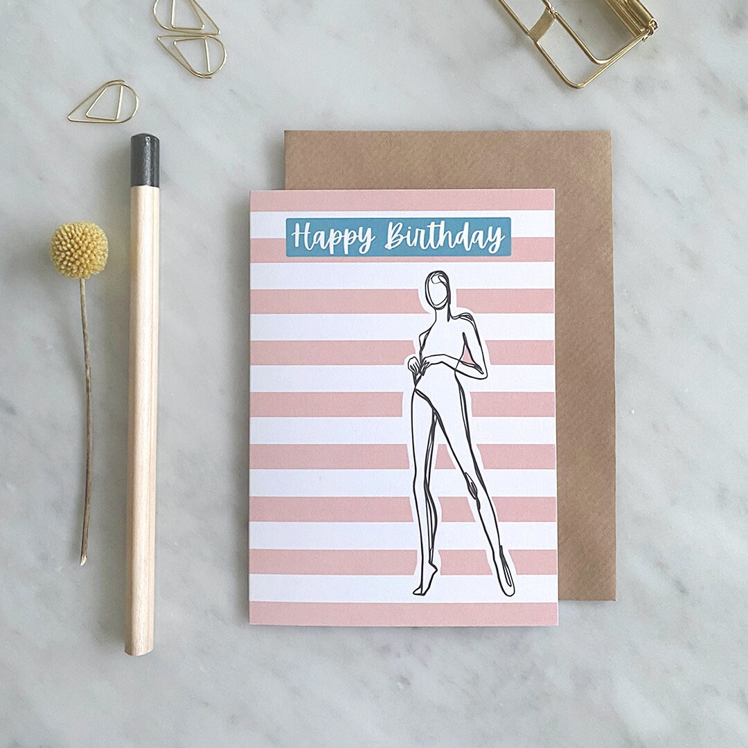 Pink Stripe With Figure Birthday Card - Etsy