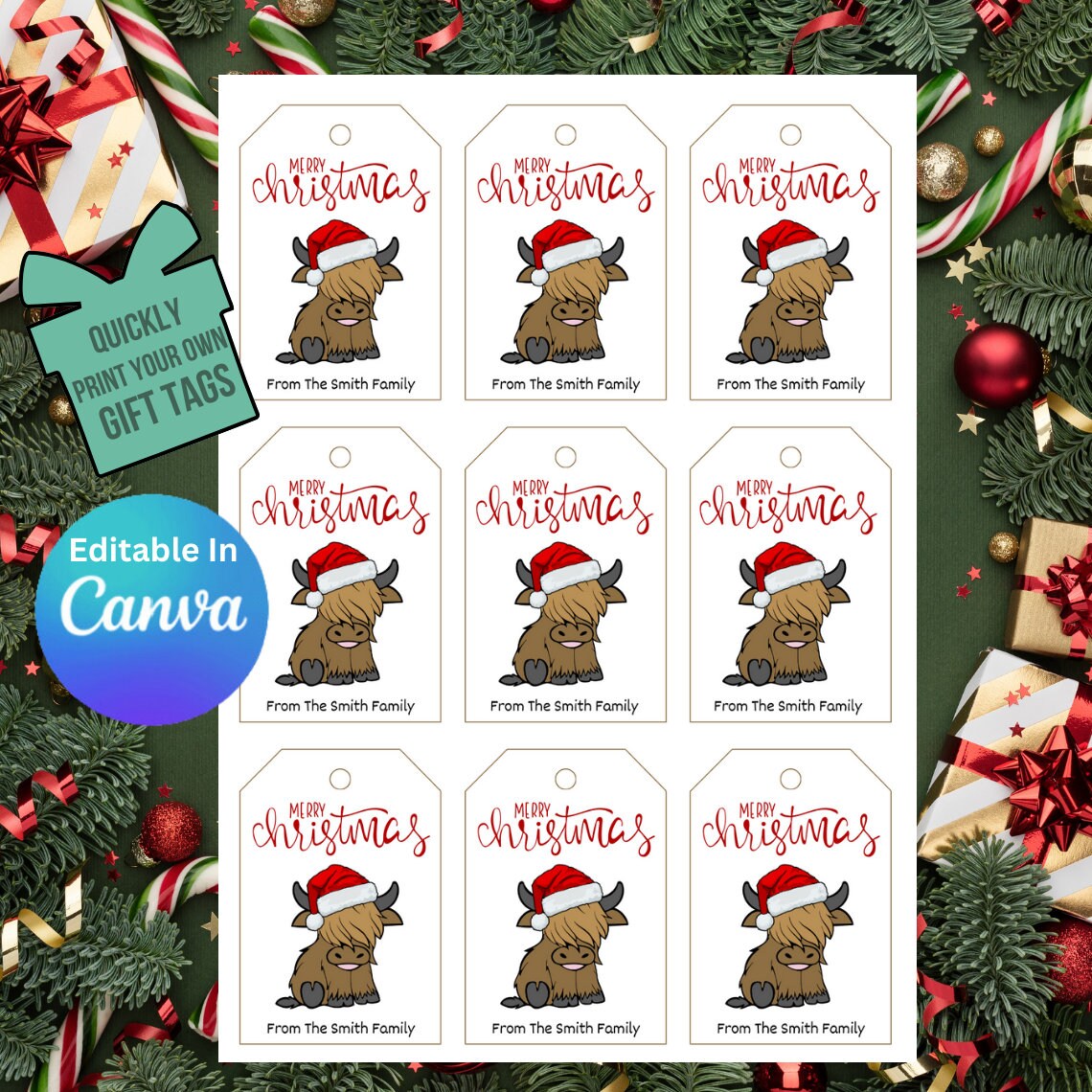Printable Editable Highland Cow Gift Tags, Vintage Holiday Gift Tag ...