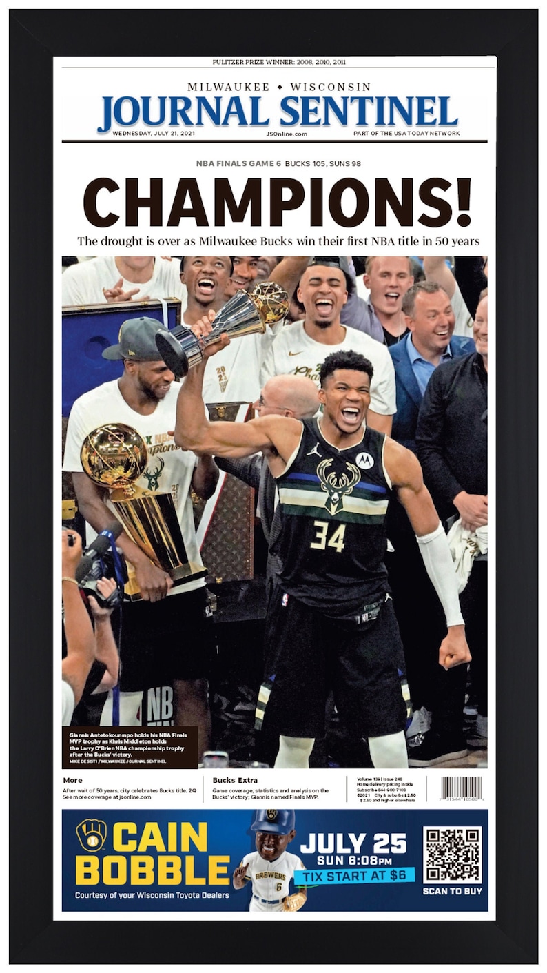 Milwaukee Bucks NBA Finals champions 2021 Newspaper Reprint Framed in ...