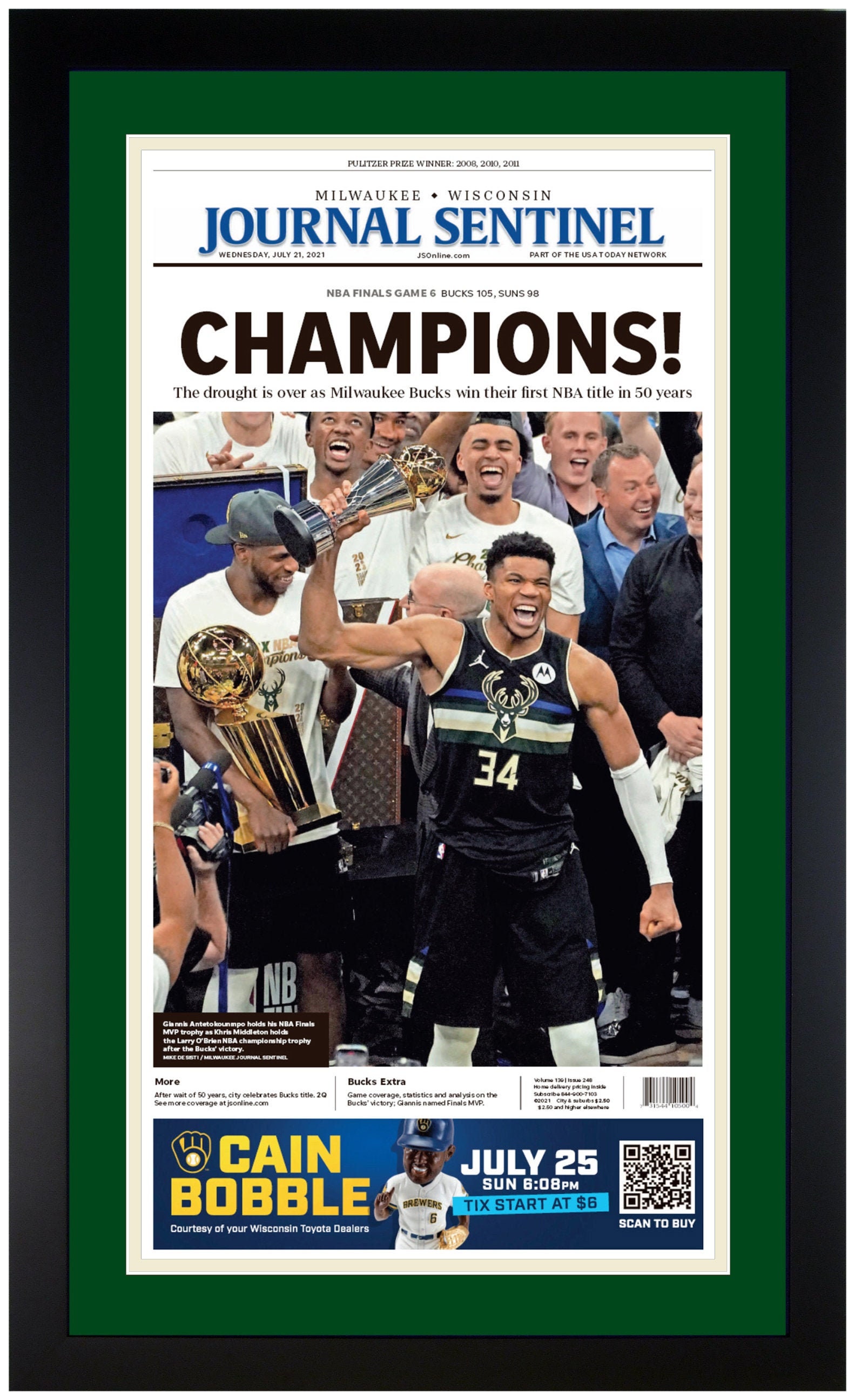 ORIGINAL Milwaukee Bucks Newspaper 2021 NBA Finals Champions Matted ...