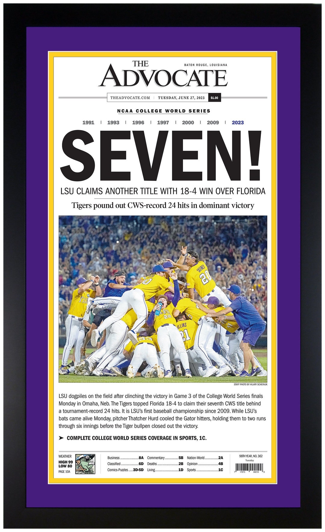 2023 LSU TIGERS CWS College World Series Champs Framed Newspaper ...