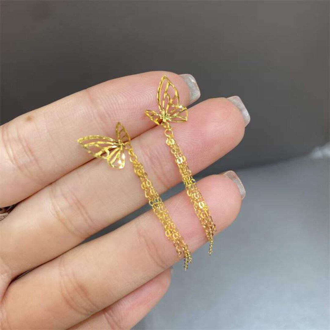 Customized 18K Solid Gold Dangle 5cm Long Earrings With Butterfly ...