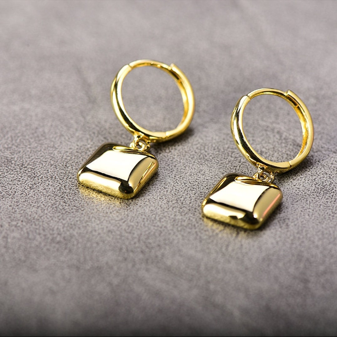 Customized 10K Solid Gold Hoop With Polished Square Charm /10K Real ...
