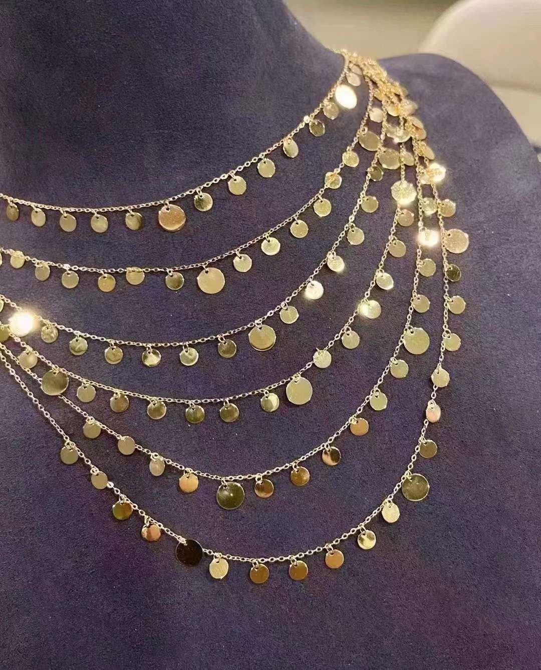 Customized 18K Solid Gold Sparkle Tiny Disc Charms Necklace Fine Thin ...