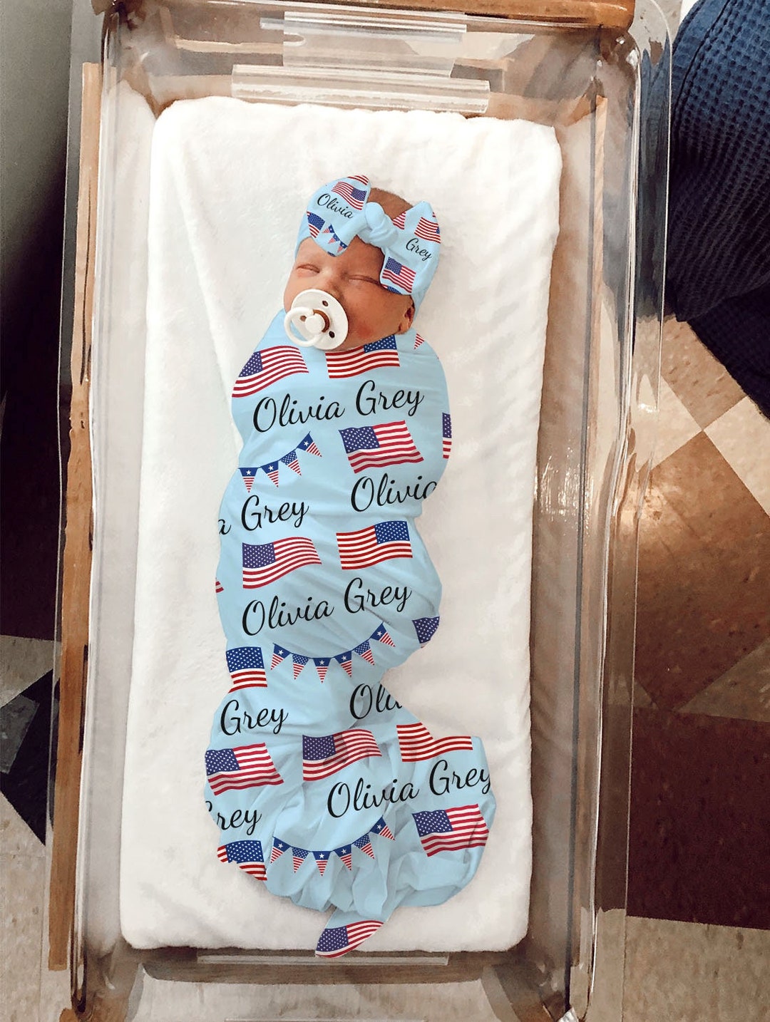 PERSONALIZED Baby Blue American Flag Swaddle Blanket 4th of July Baby ...