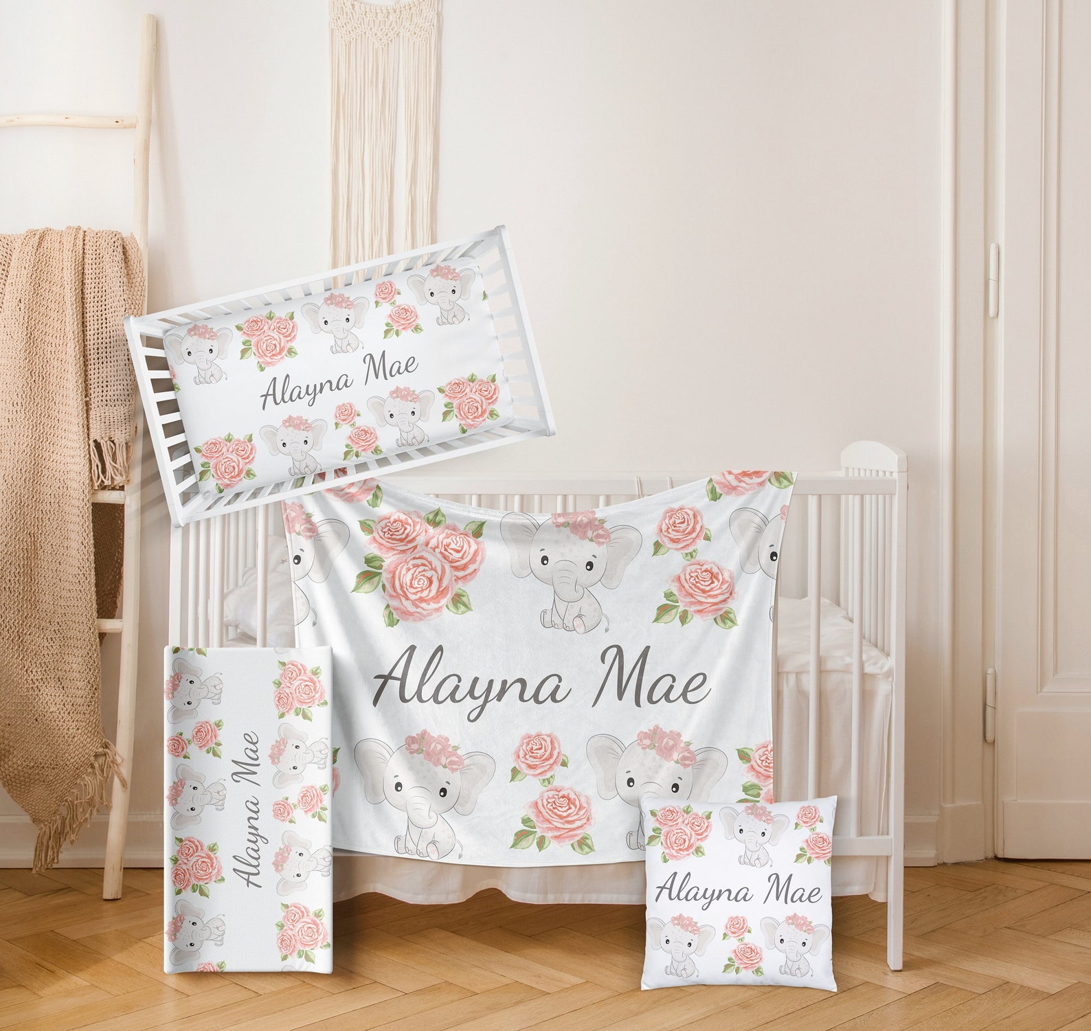 PINK FLORAL ELEPHANT Nursery Crib Bedding Baby Girl Elephant Bedding ...