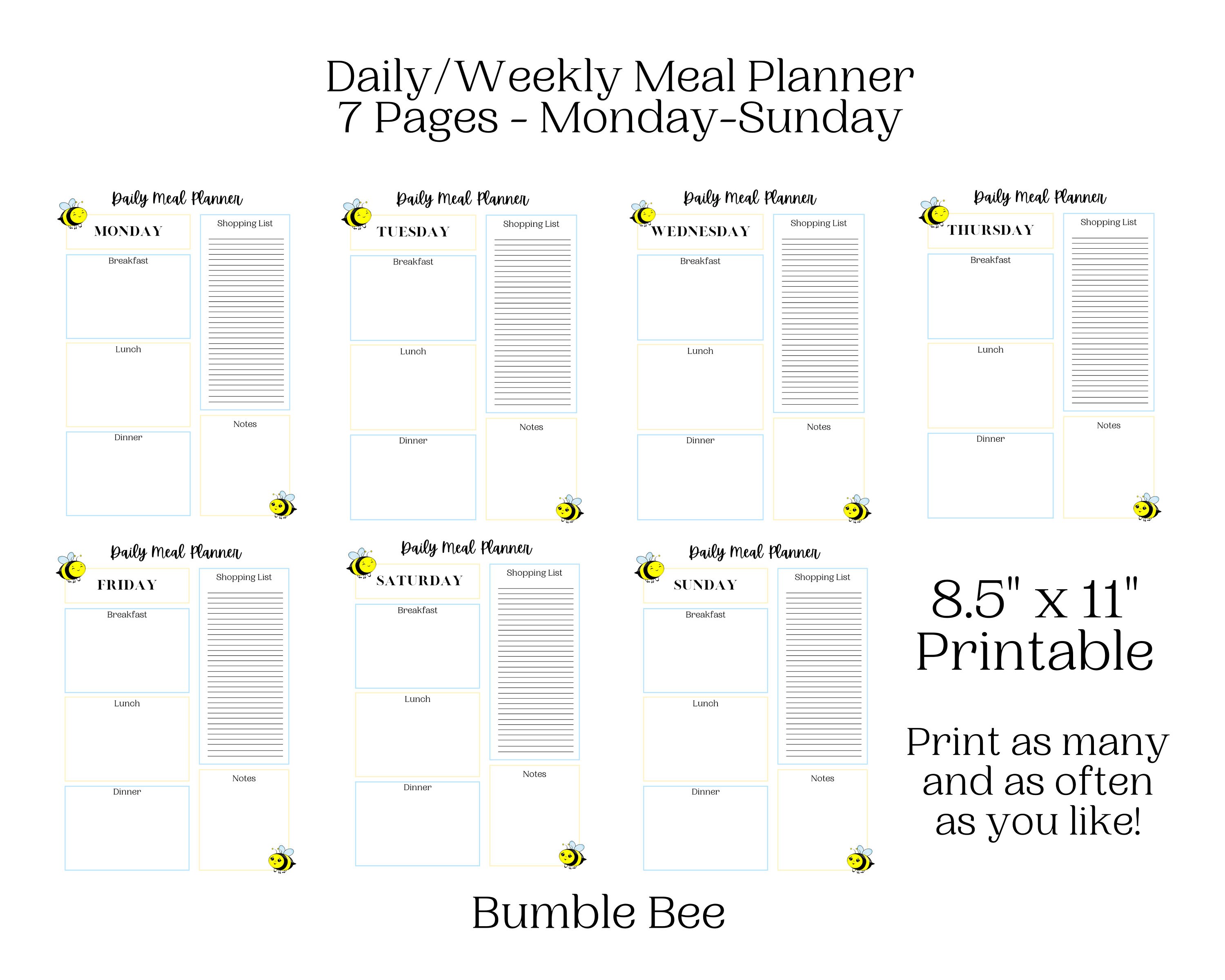 Bumble Bee - Daily Meal Planner - Weekly Meal Planner - Shopping List ...