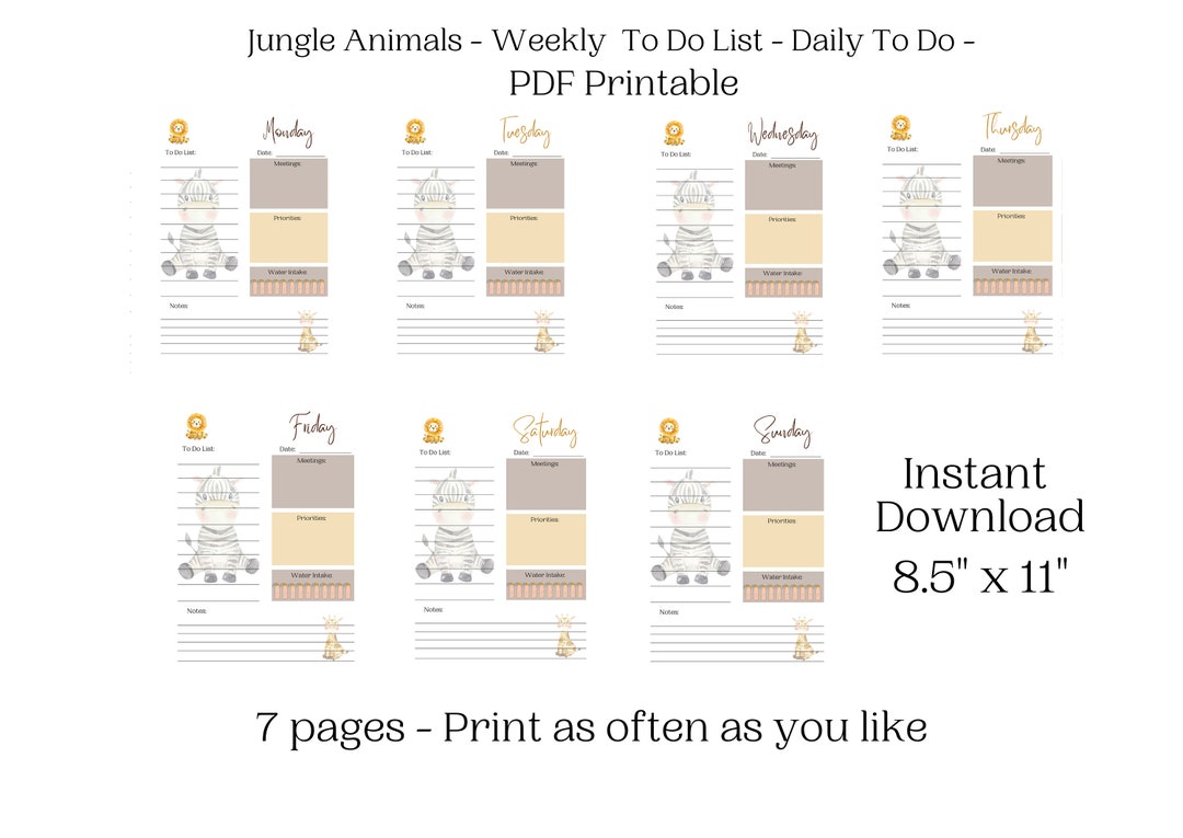 Jungle Animals - Weekly to Do List - Daily to Do List - 8.5" X 11 ...
