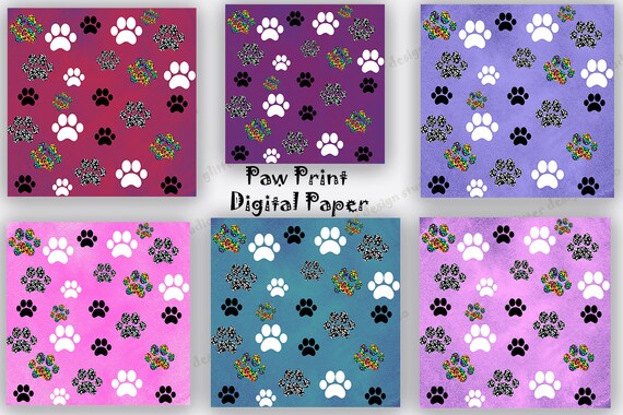Paw Prints Pattern Digital Paper Dog Cat Paws Printsrainbow - Etsy