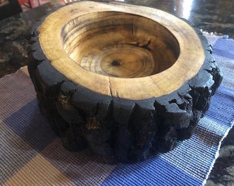 Rustic Live Edge Turned Wood Bowl With Distinctive Rings, Bark and Burn ...