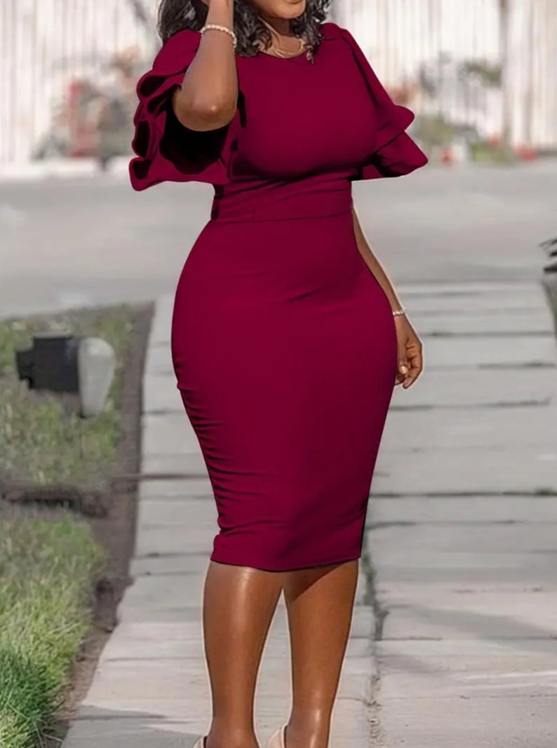 Plus Size Ruffle Trim Solid Round Neck Bodycon Dress - Etsy