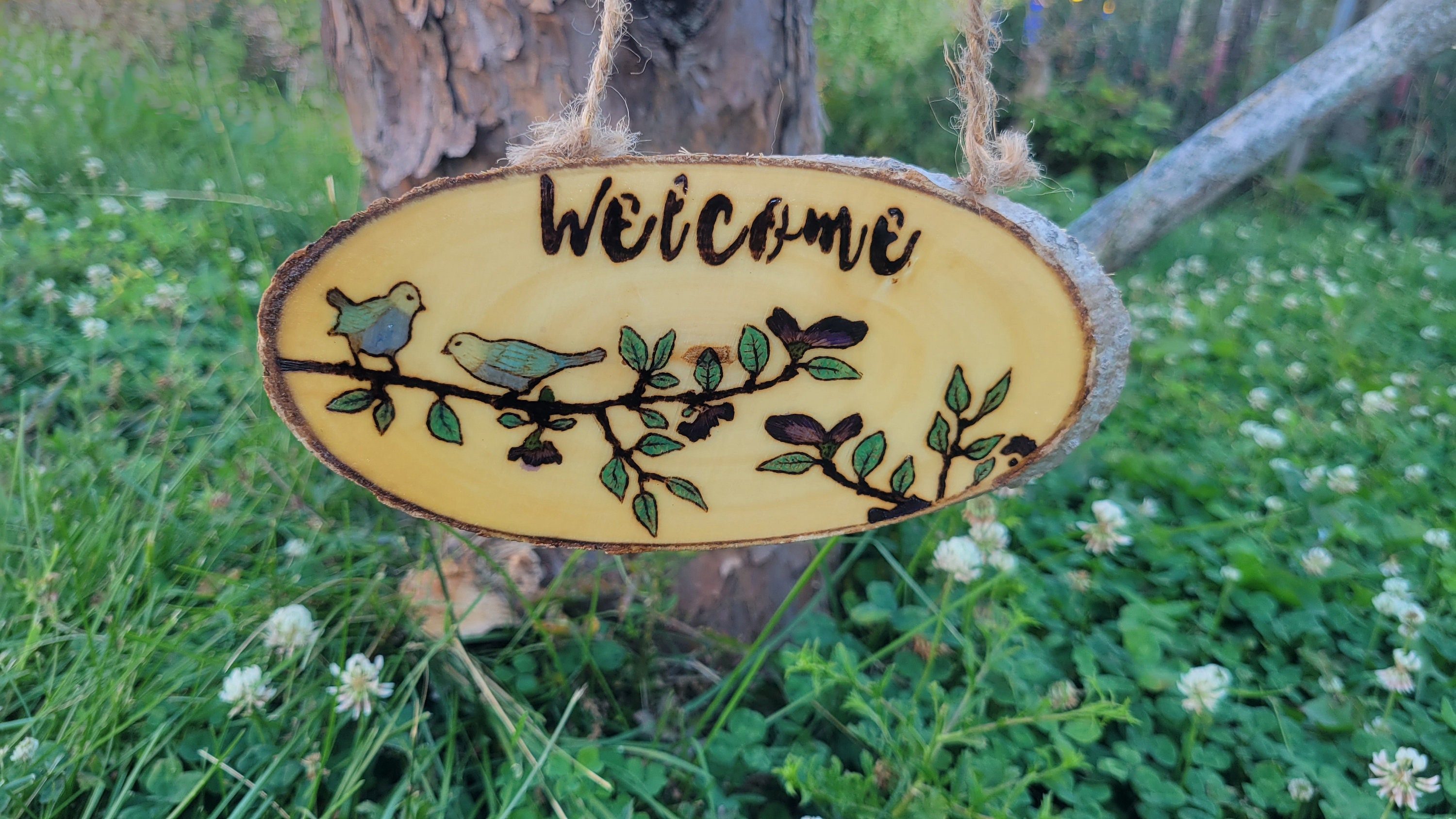 Woodburned and Handpainted Welcome Sign With Birds and Floral Art on ...