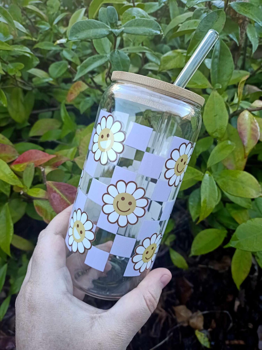 16 Oz Glass Iced Coffee Cup: Pink Checkers, Smiley Flowers, Lid & Straw ...