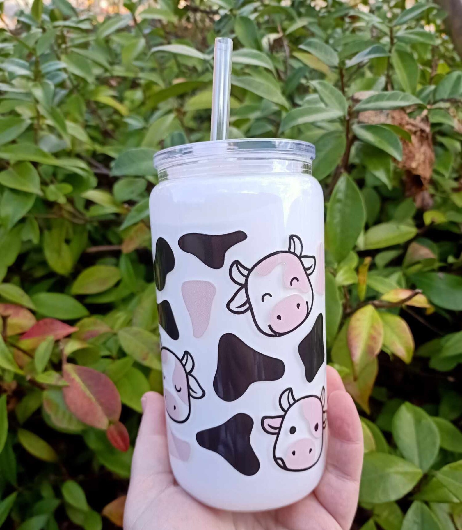 16 Oz Glass Cup With Lid and Straw, Milk Snow Globe Cow Print, Cow ...